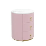 Round Bedside Table with 3 Drawers – Upholstered Nightstand with Metal ...