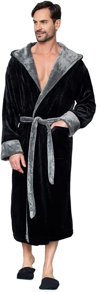 LOTUS LINEN Mens Plush Hooded Robe - Long Fleece Spa Bathrobe for Men ...