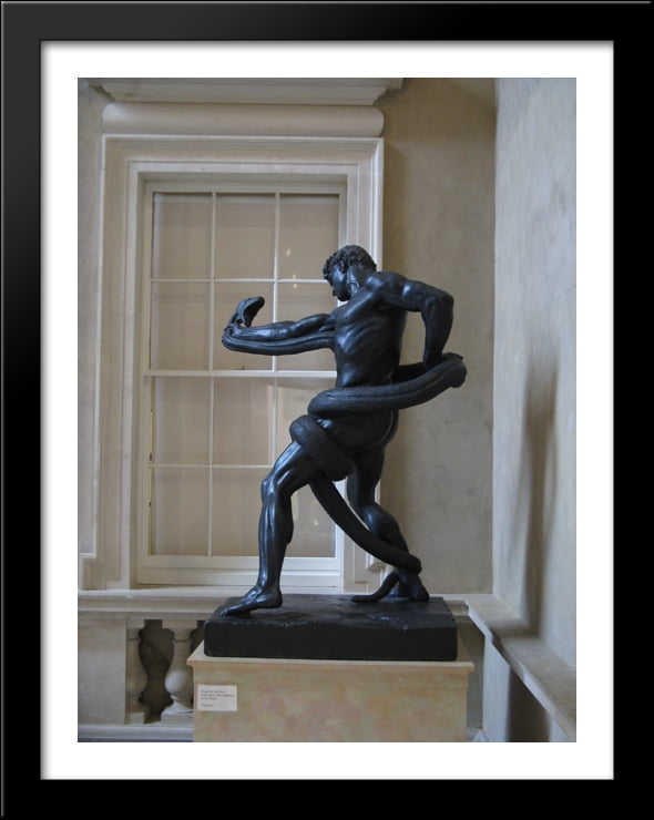 An athlete wrestling with a python 28x36 Large Black Wood Framed Print ...