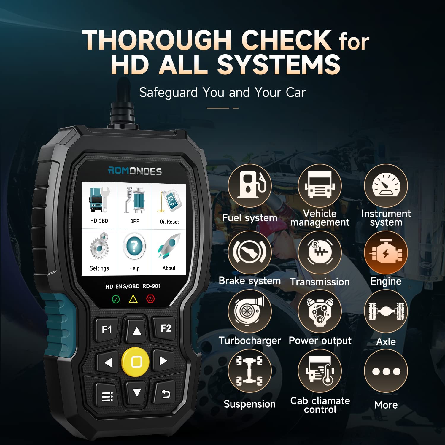 Buy Heavy Duty Truck Scanner, Romondes RD901 OBD2/EOBD+ HDOBD Diesel ...