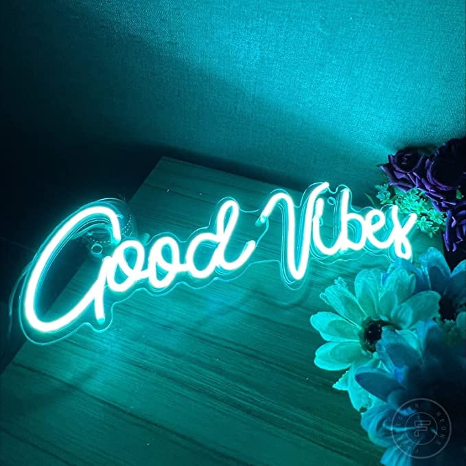 FUNERIGUER Good Vibes Neon Sign 18 x 5 inches in Ice Blue Color, Clear ...