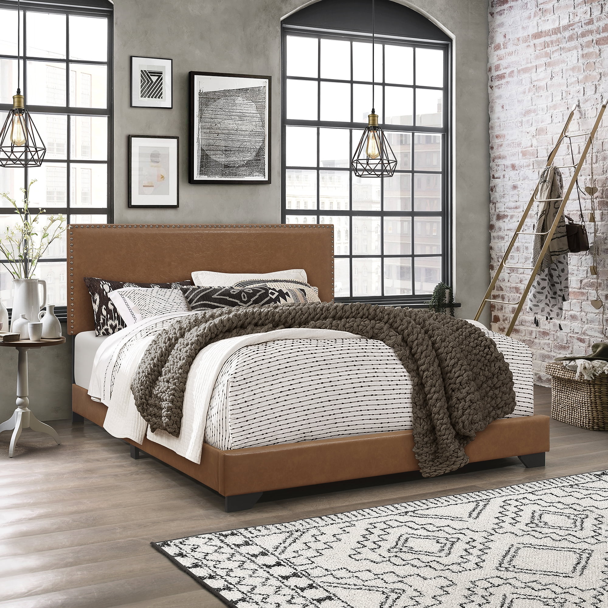 Willow Nailhead Trim Upholstered King Bed, Saddle Brown Faux Leather ...