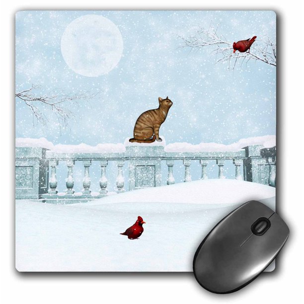 3dRose Cat And Cardinals In Winter Snow, Mouse Pad, 8 by 8 inches ...