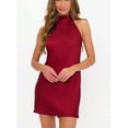 Burgundy Satin Sleeveless Backless Halter Mini Dress With Bow Detail ...