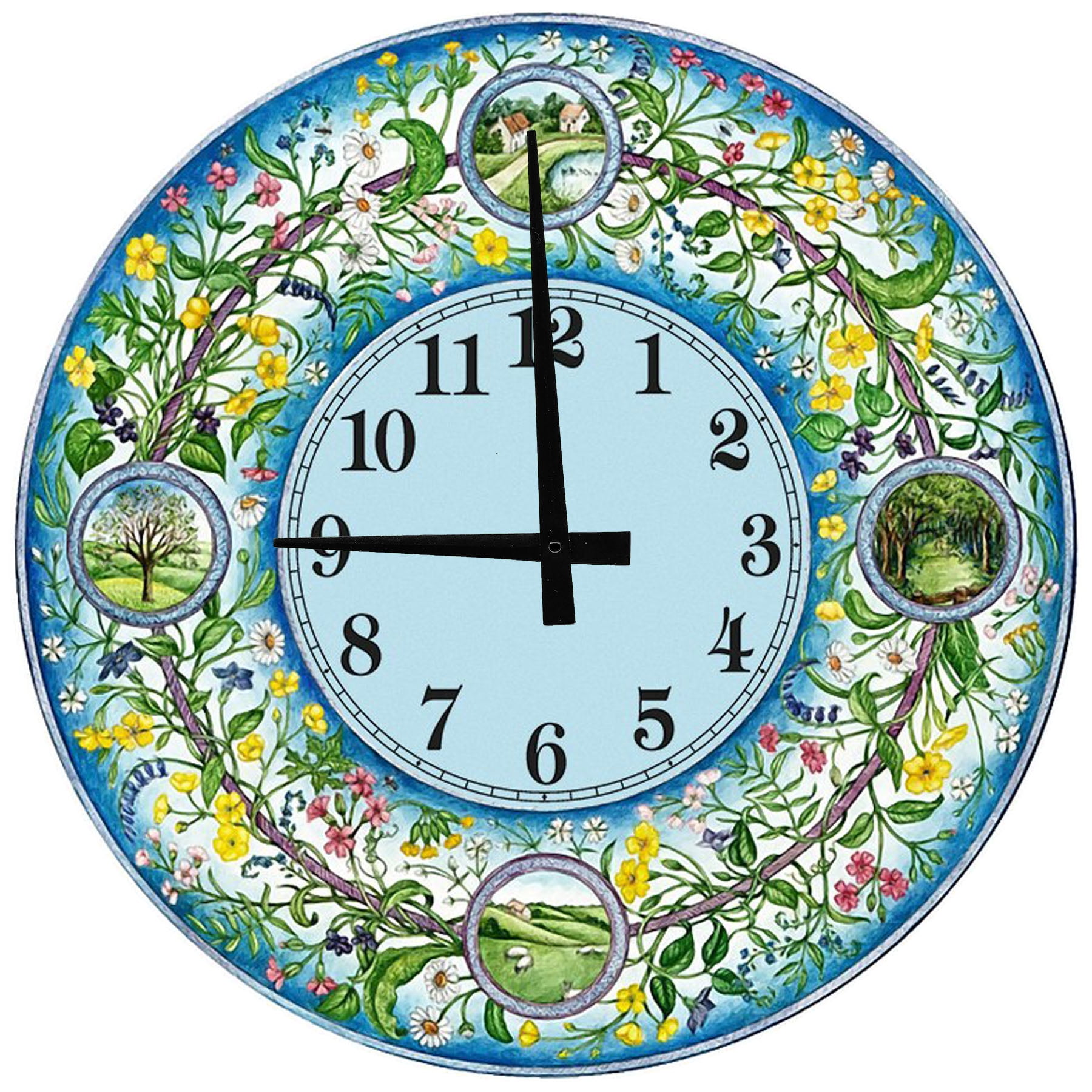 Large Wood Wall Clock 24 Inch Round Vines and Flowers Blue and Green ...
