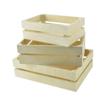 Natural wood small shallow square crate with metal corner design ...