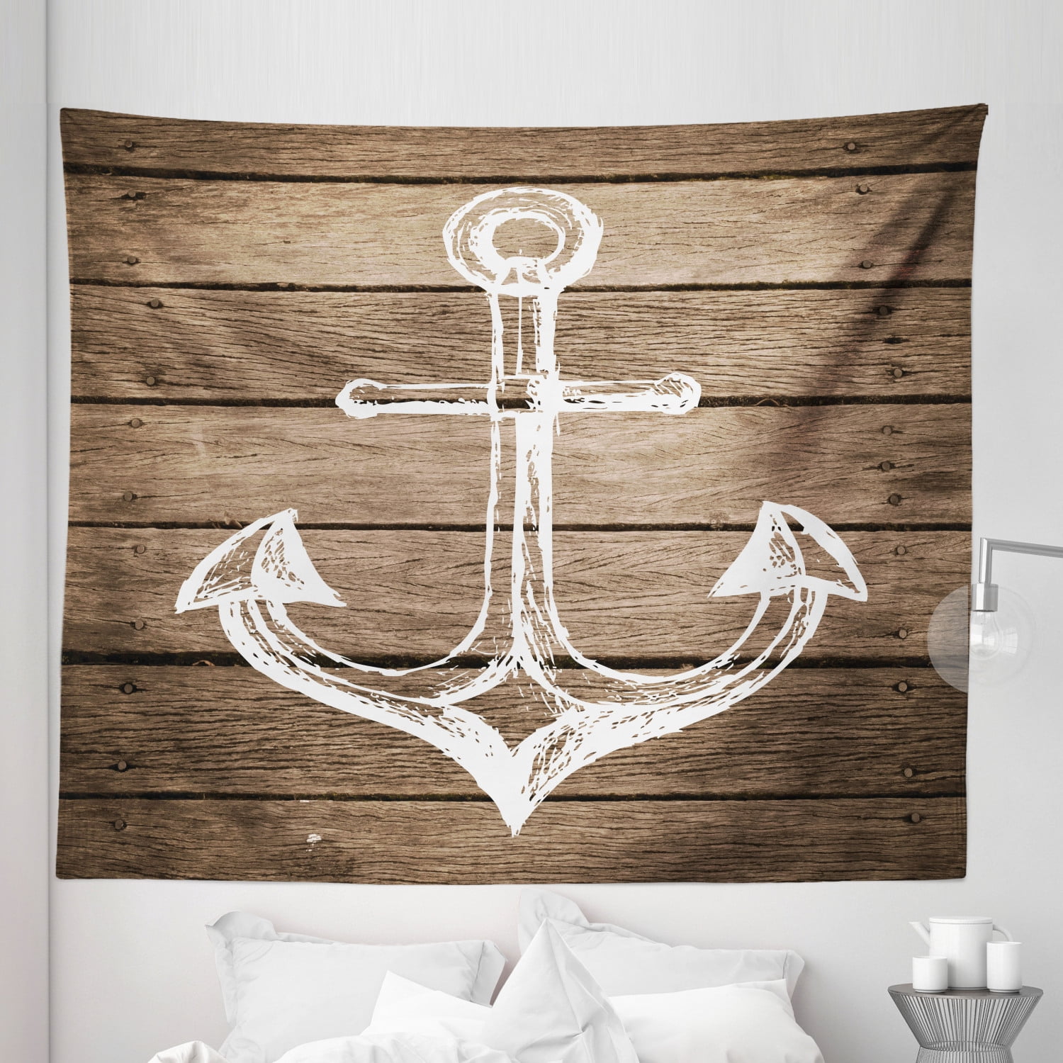 Brown and White Tapestry, Anchor Motif Hand Drawing Boating Sketch ...