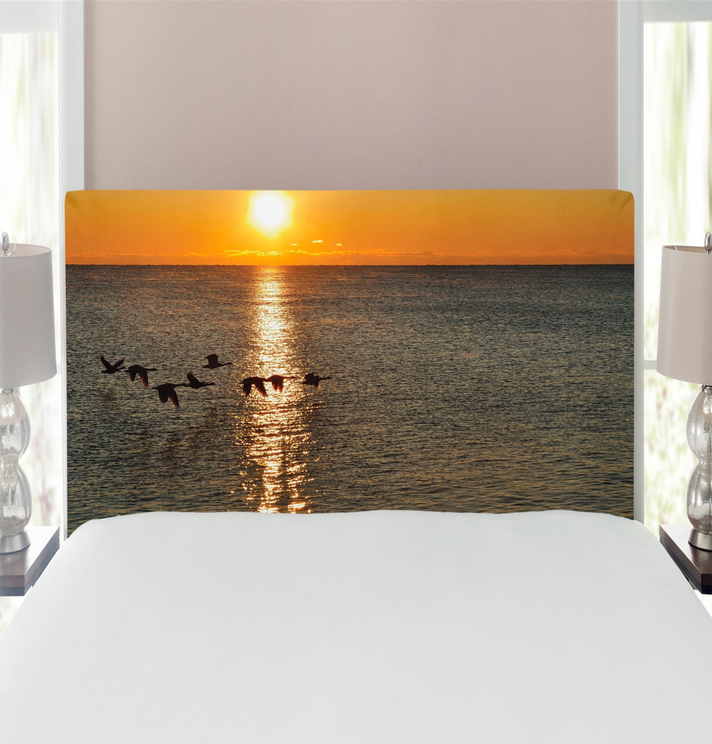Birds Headboard, Silhouettes of Canadian Geese Flying over a Lake at ...