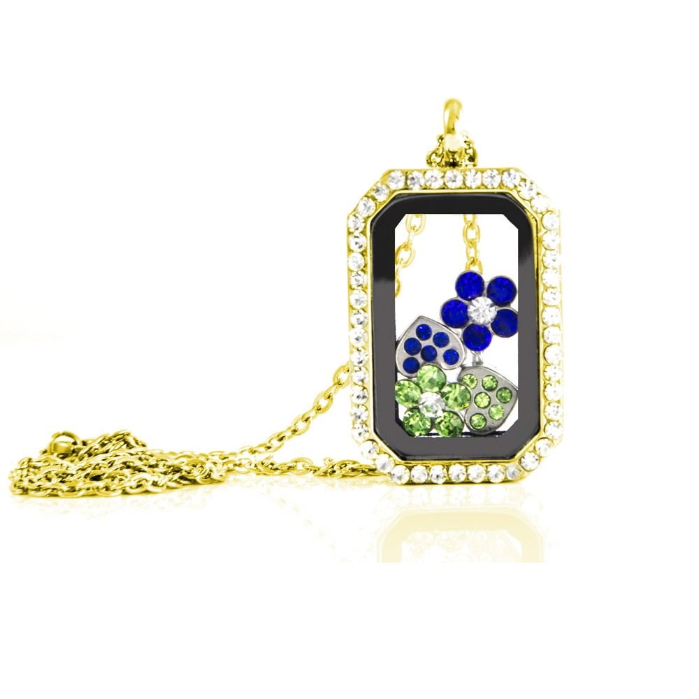 BG247 Floating Rectangle Rhinestone Locket with Matching Chain (Gold ...