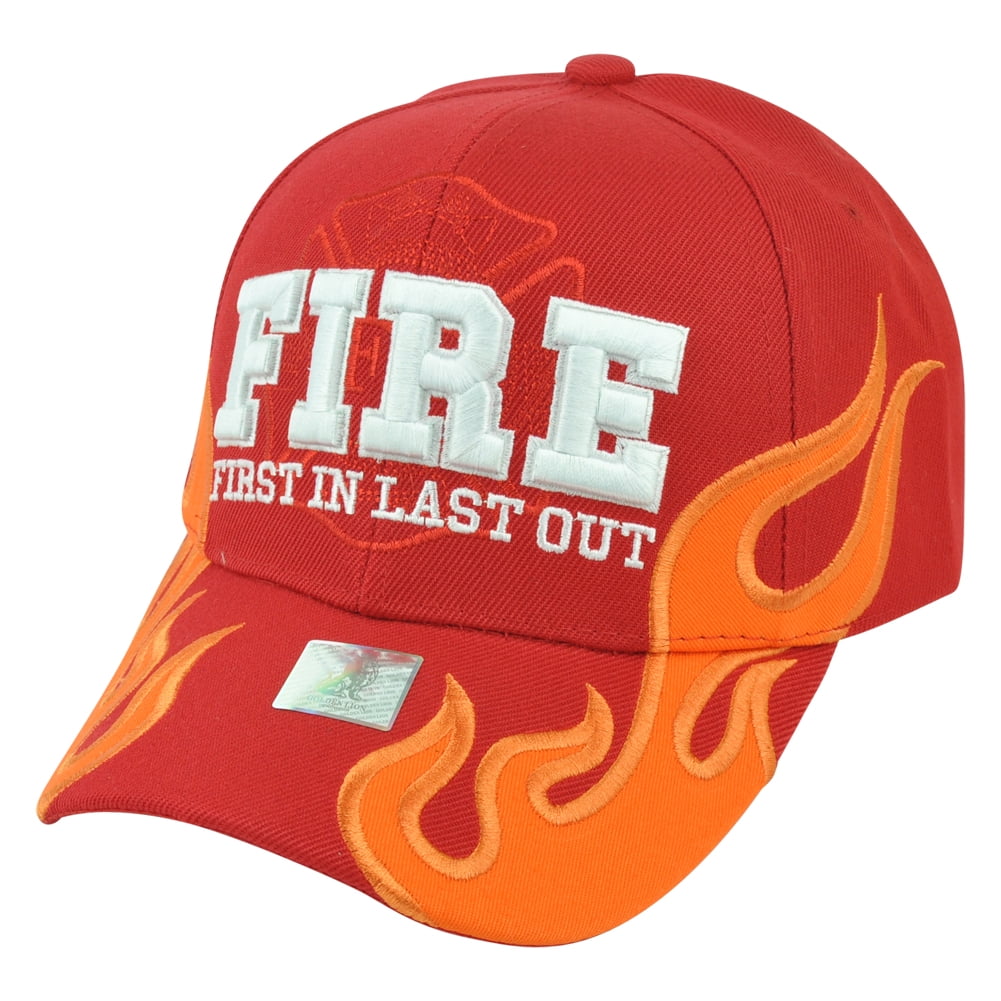 Fire Department Dept Firefighters First In Last Out Flames Red Hat Cap ...