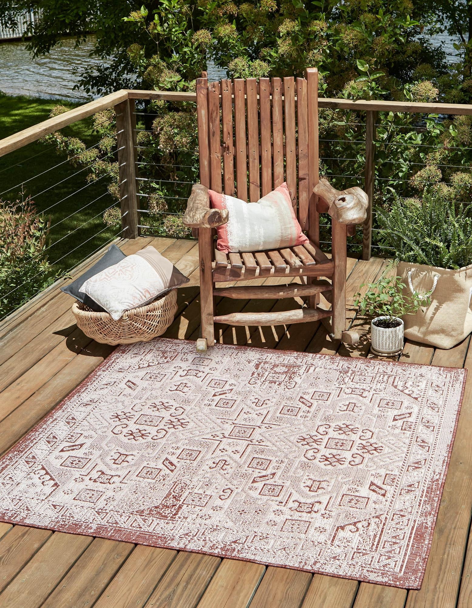 Unique Loom Coba Indoor/Outdoor Aztec Rug Rust Red/Ivory 5' 3" Square ...