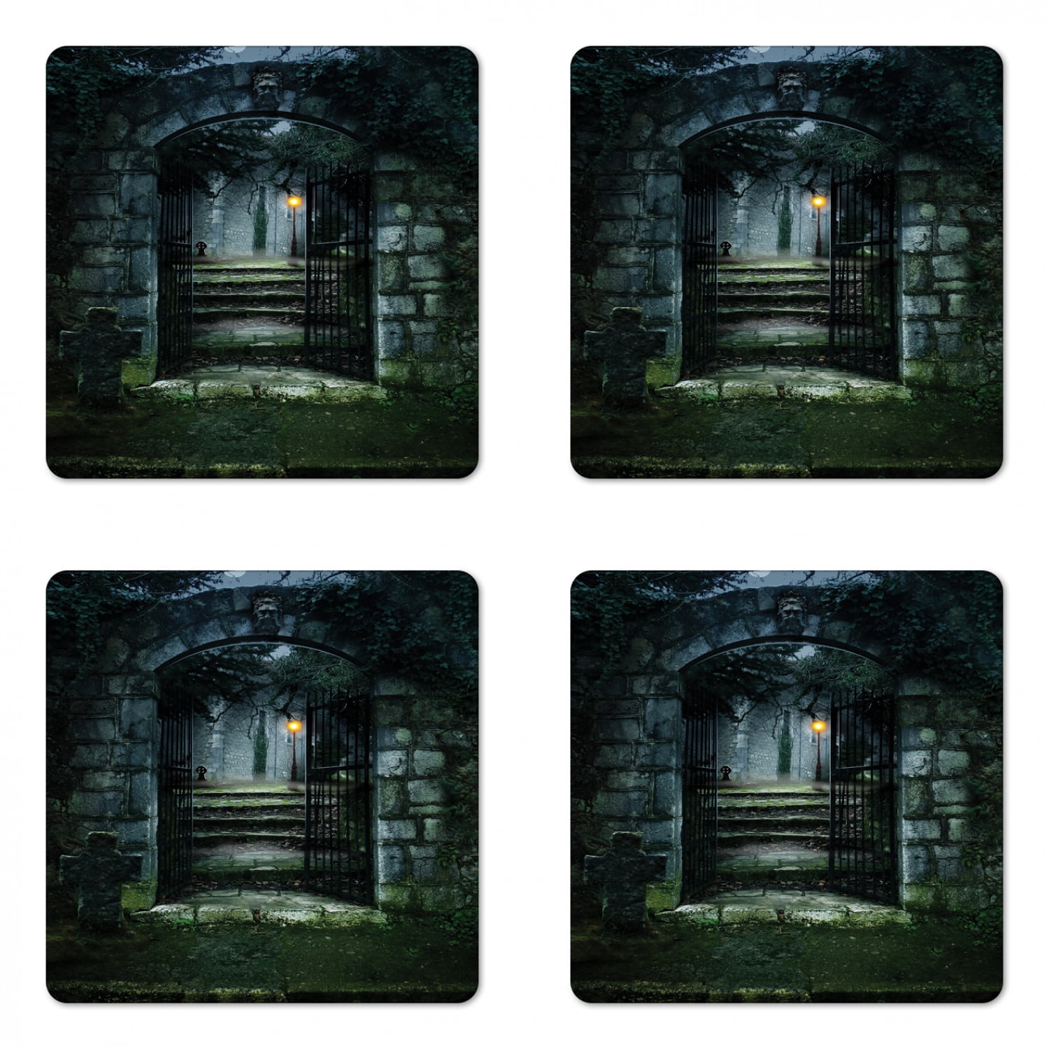 Gothic Coaster Set of 4, Image of the Gate of a Dark Old Haunted House ...