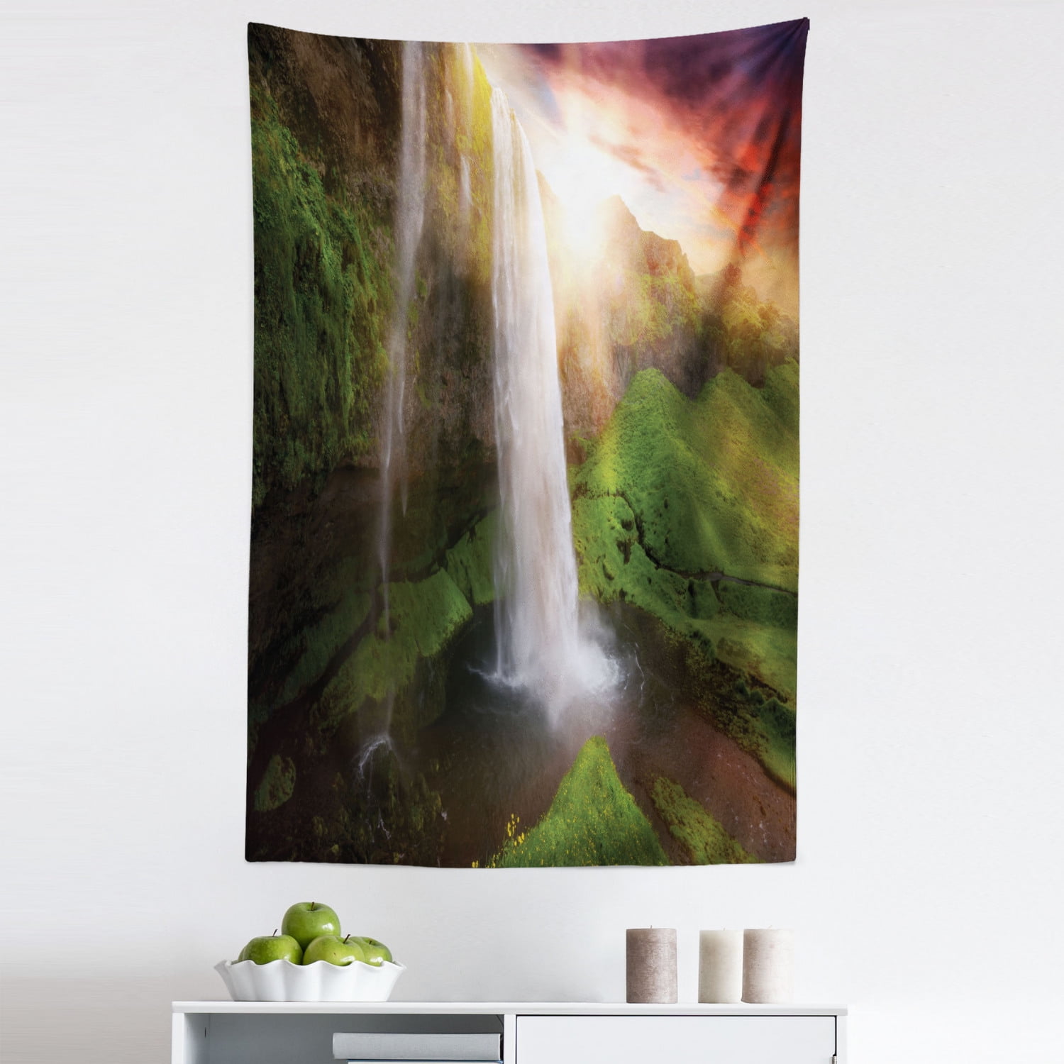 Waterfall Tapestry, Waterfalls at Sunset Sky in Iceland Scenic Spring ...