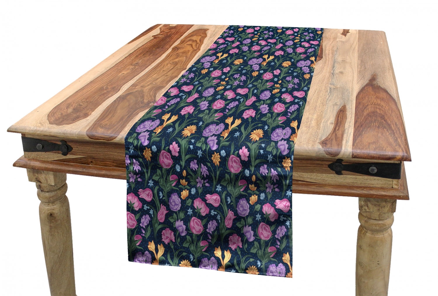 Floral Table Runner, Wavy Thin Leaf Pinky Tulips Violet Pansy Flowers ...