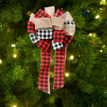Jlong Handmade Buffalo Plaid Bow Christmas Tree Topper, Red Black White ...