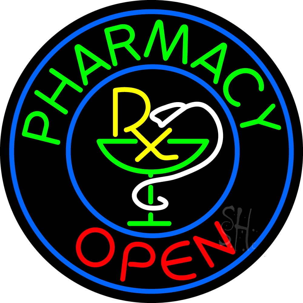 Round Pharmacy Open LED Neon Sign 18 x 18 - inches, Black Square Cut ...