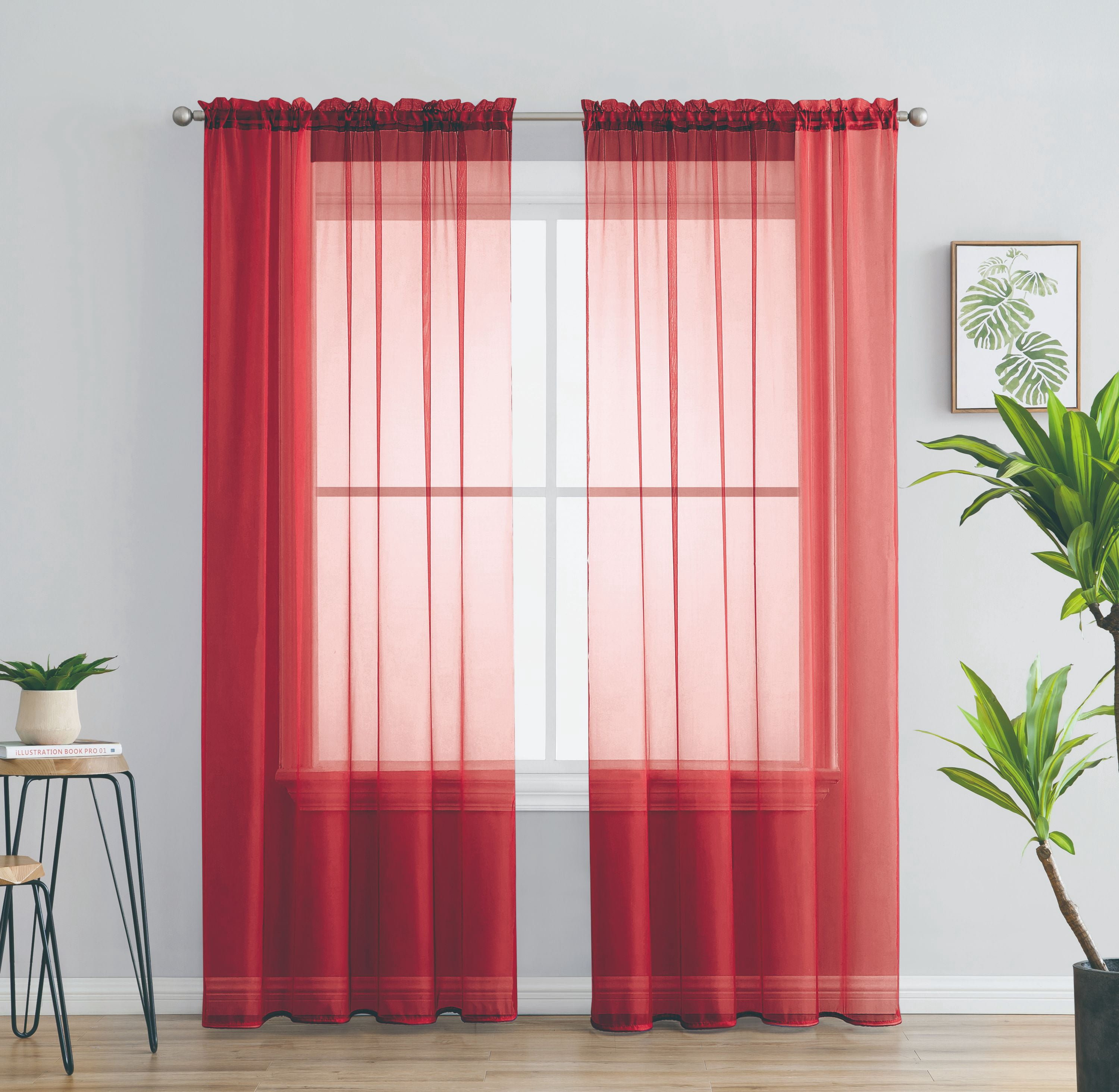 2 Piece Solid Rod Pocket Sheer Window Curtains Sheer Red Curtains ...