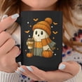 Cute Ghost Drinking Coffee Halloween Patchwork Ghost Women Coffee Mugs ...