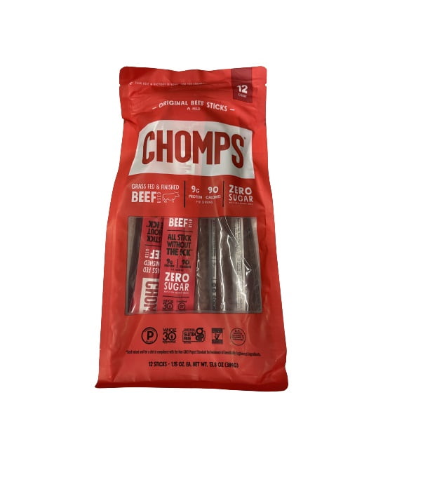 Chomps Grass Fed Original Beef Jerky Snack Sticks Keto Paleo Whole30
