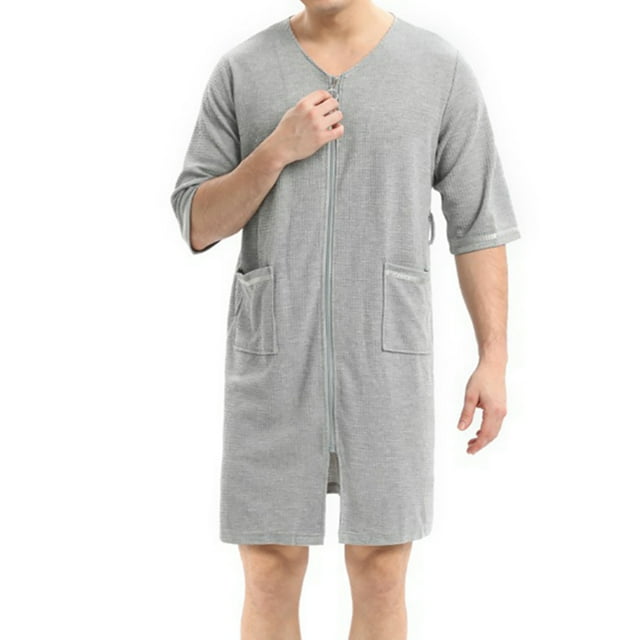 WBQ Men's Zipper Front House Coat Short Sleeve Waffle Belt Robe Zip Up ...