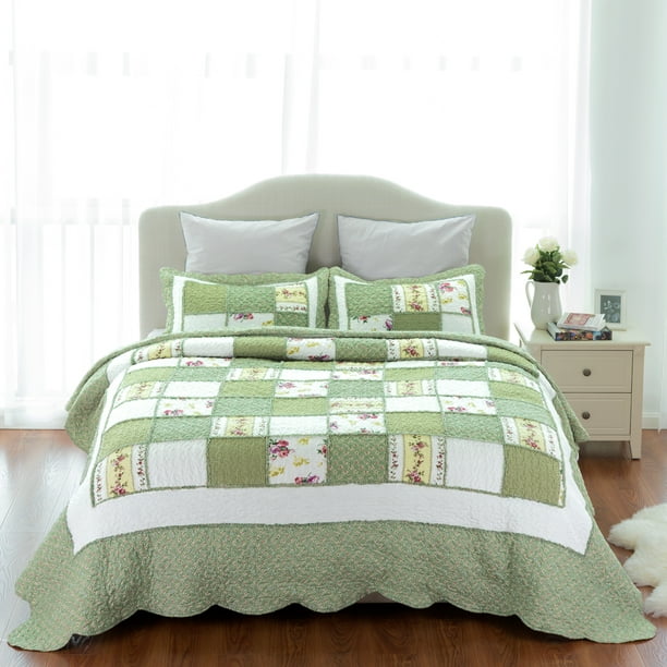 Bedsure 2 Piece Green Floral Patchwork Ruffle Twin Twin Xl Quilt And Sham