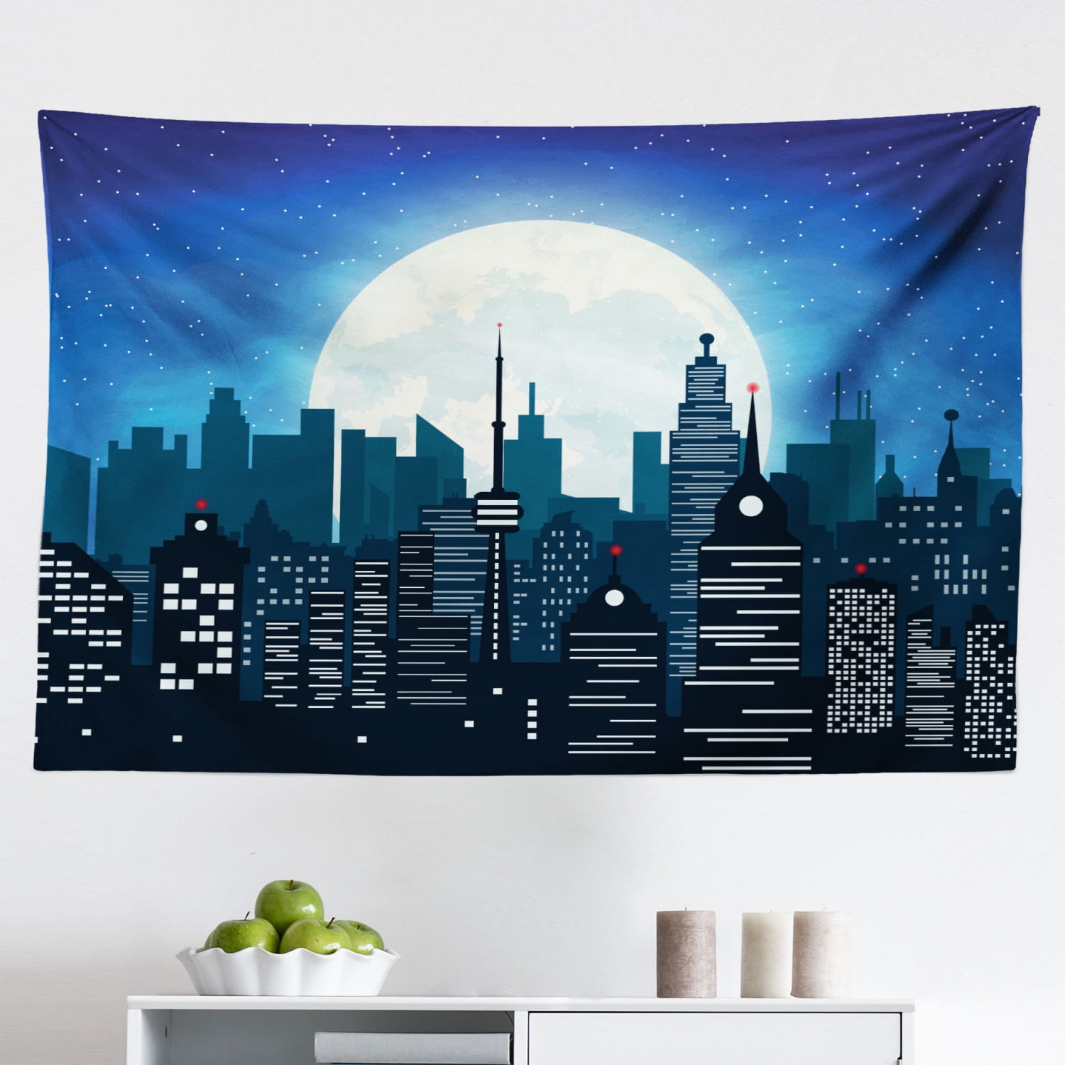 Night Sky Tapestry, Full Moon on Starry Dark Sky Urban Cityscape with ...