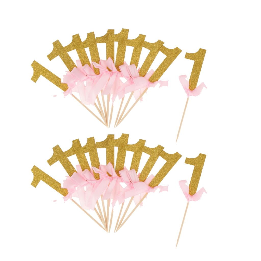 2x 12x Glitter Cake Topper Toothpicks with Pink Bow Kids First Birthday ...