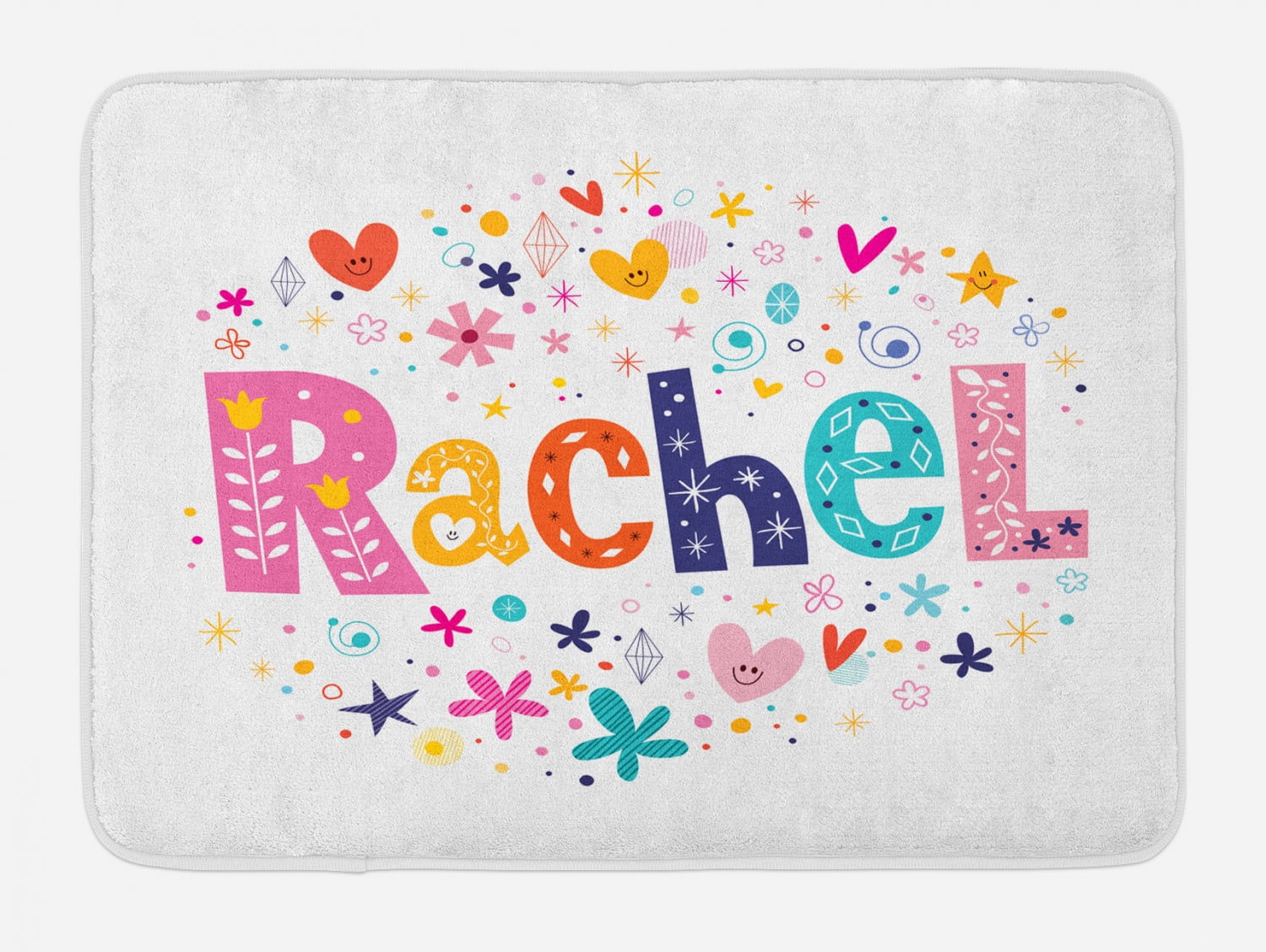 Rachel Bath Mat, Ornamental Lettering with Hearts Stars and Flowers ...