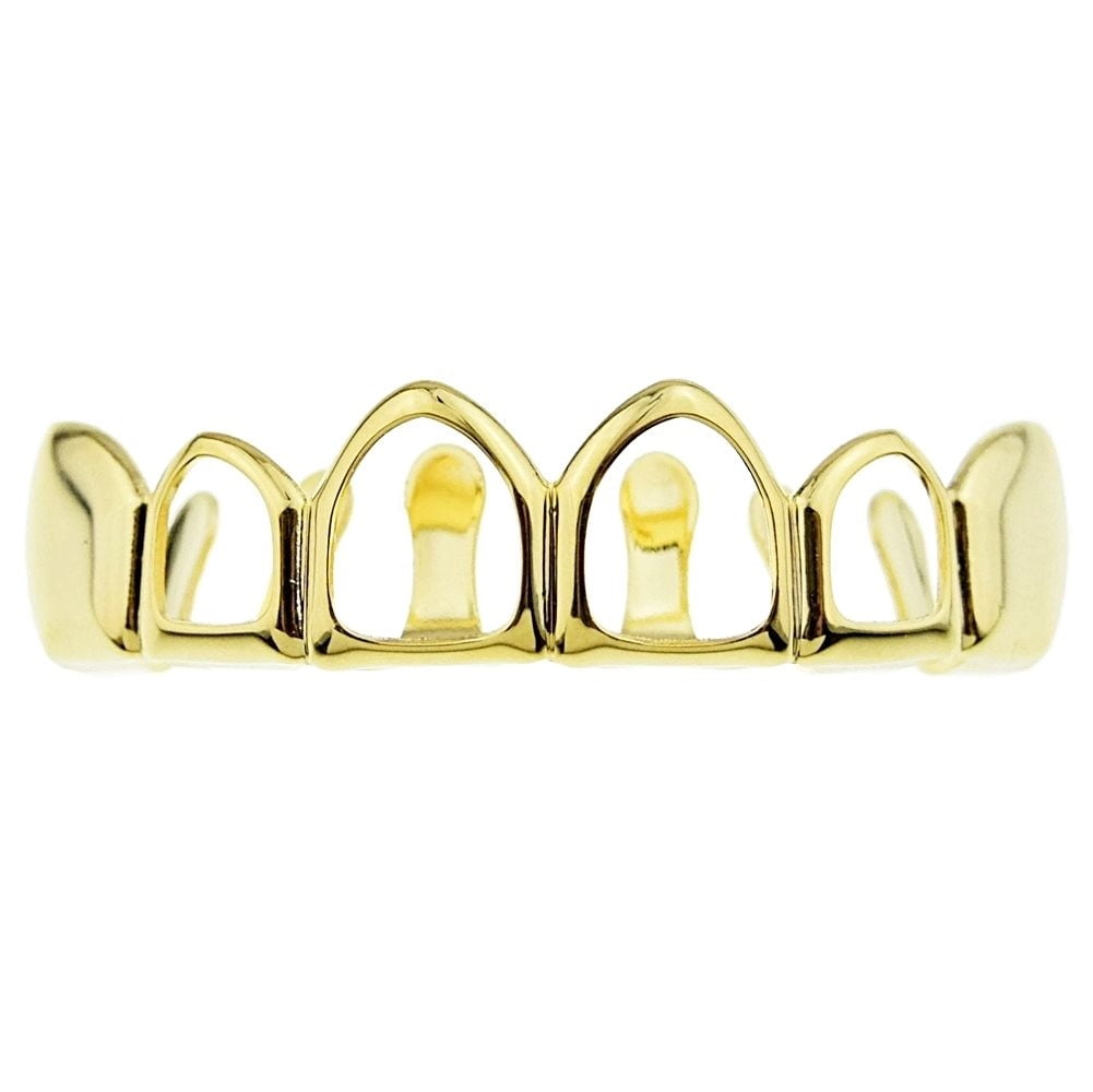 14k Gold Plated 4 Four Open Face Tooth Grillz Top Row Upper Teeth Hip ...