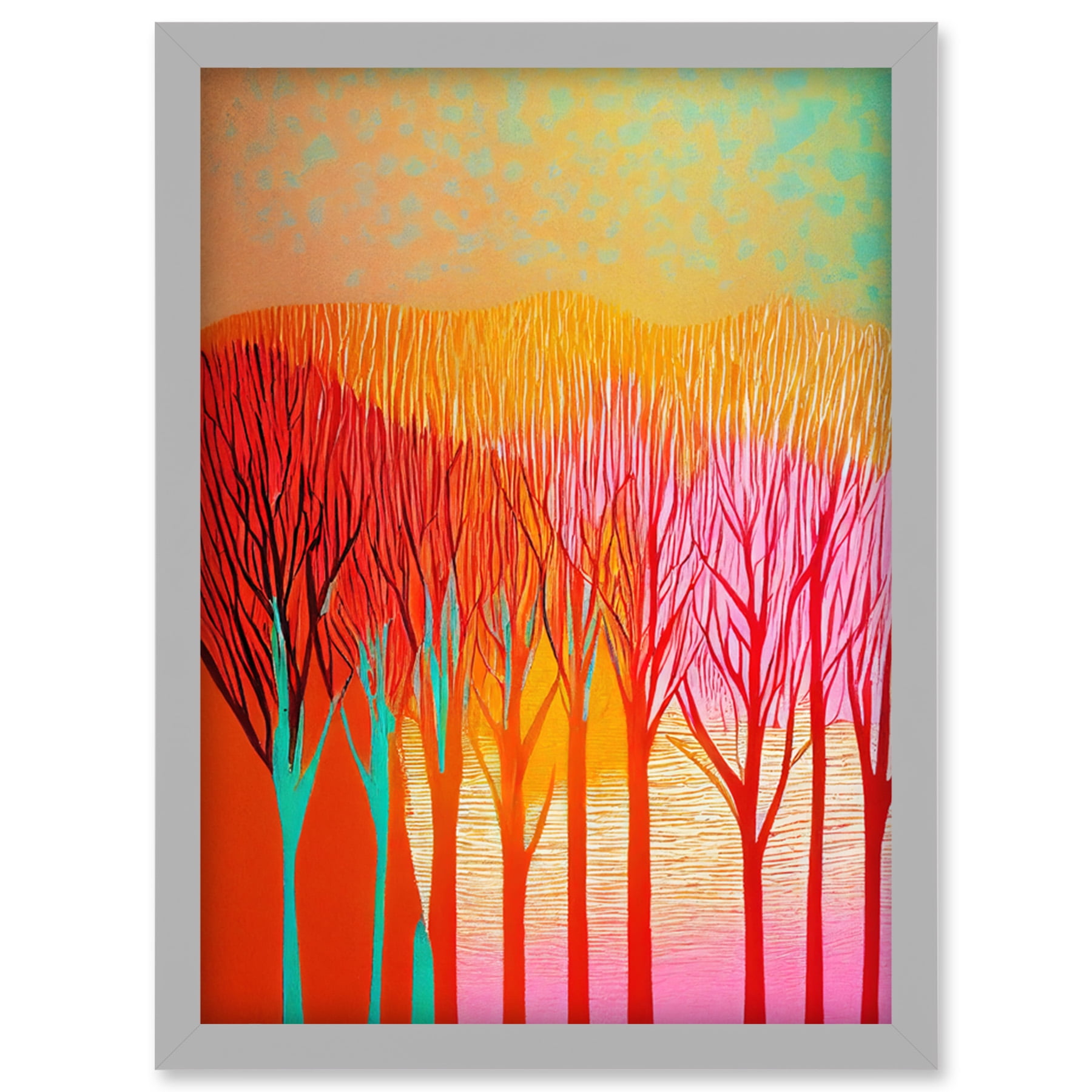 Forest Treetops Linocut Illustration Vibrant Bold Artwork Framed Wall ...