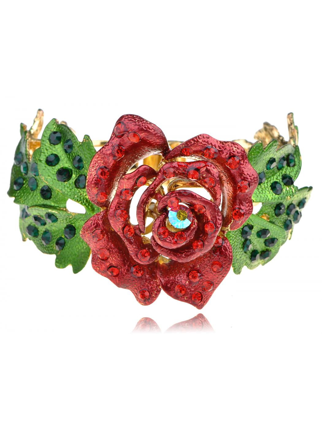Ruby Fashion Crystal Rhinestone Statement Rose Flower Leaf Bracelet ...