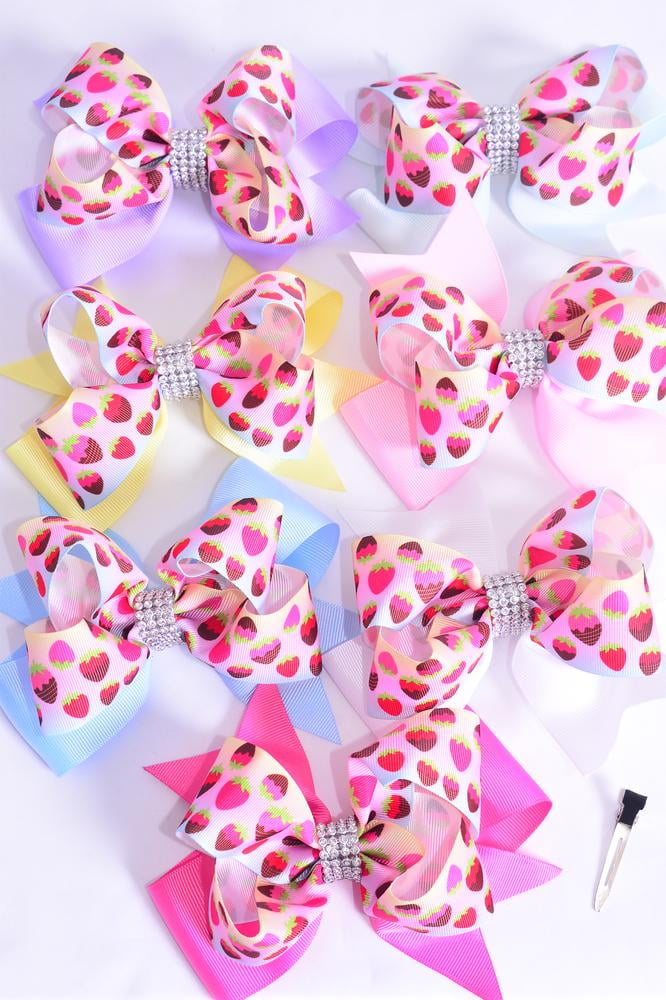 Hair Bow Jumbo Double Layered Strawberry Grosgrain Bow-tie Pastel/DZ ...
