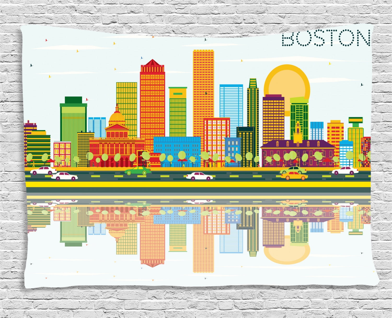 Boston Tapestry, Cartoon Illustration of Vibrant City Life and Flying ...