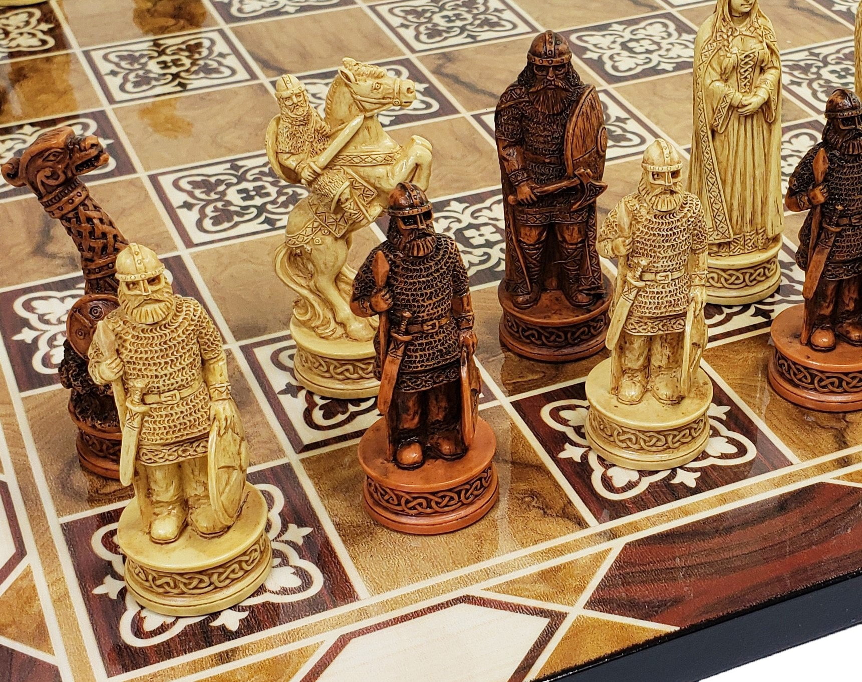 Antique White & Brown Norse Viking Chess Set 3 1/4 King 17" Burlwood ...