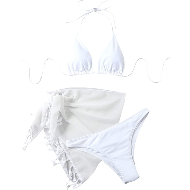 Women's Halter Triangle Bikini Bathing Suits with Beach Skirt 3 Piece ...