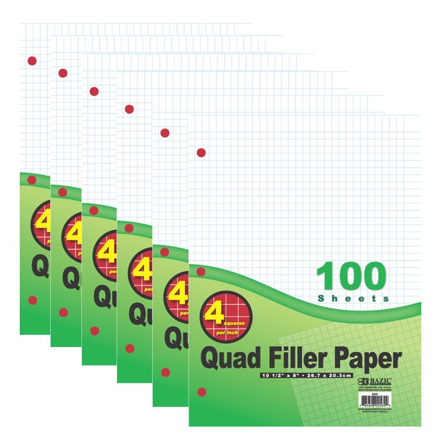 BAZIC Filler Paper Loose Leaf 100 Sheet, 4-1" Quad Ruled, 6-Pack ...