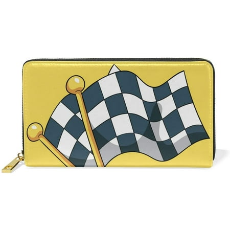 Women Genuine leather long zipper Hand Drawn Race Checkered Flags Hand ...