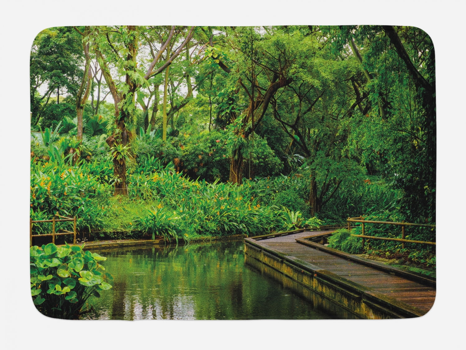Jungle Bath Mat, Deep Forest with Wooden Pier and River Refreshing ...