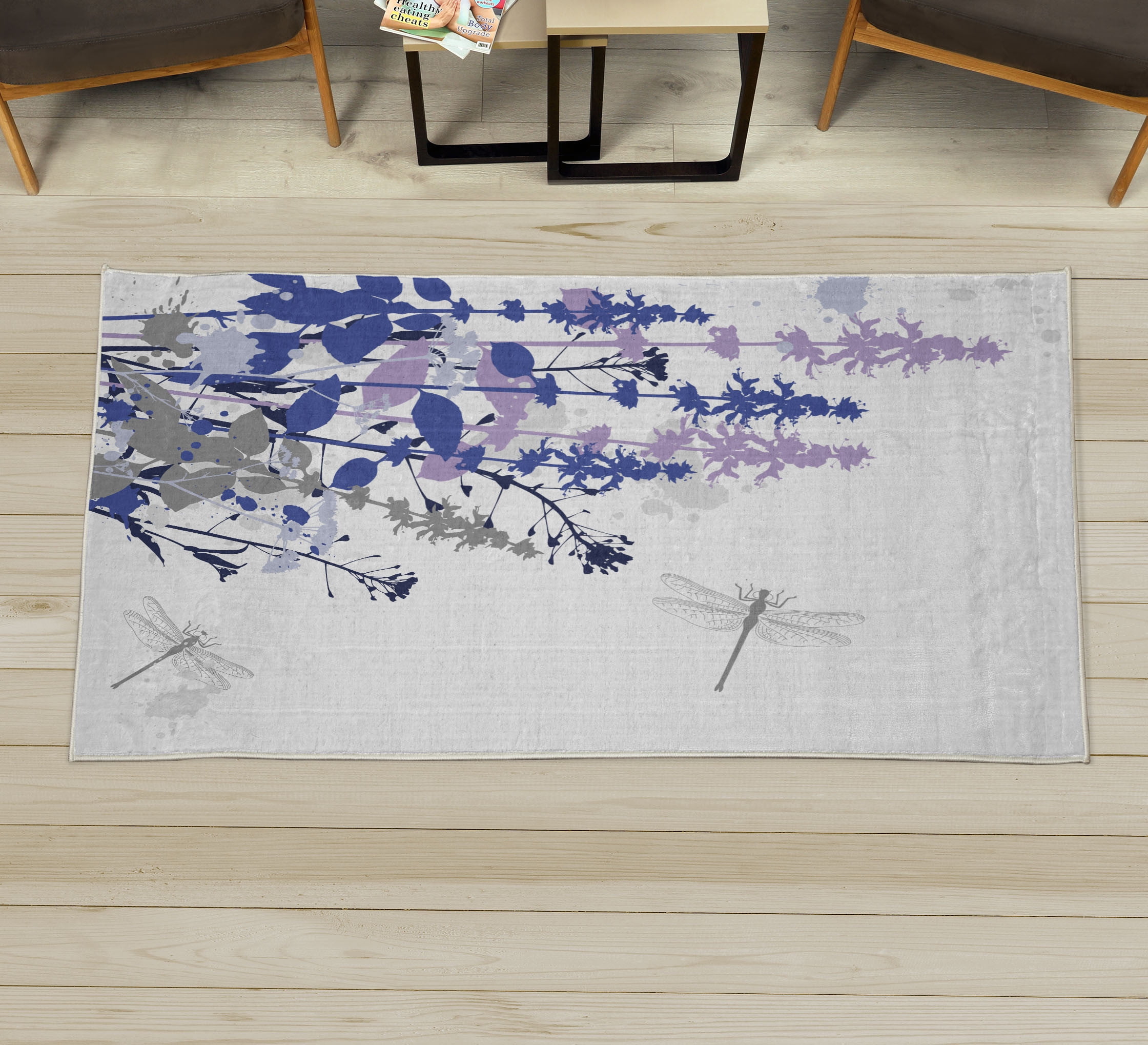 Dragonfly Decorative Rug, Nature Plants Grass with Wildflowers with ...