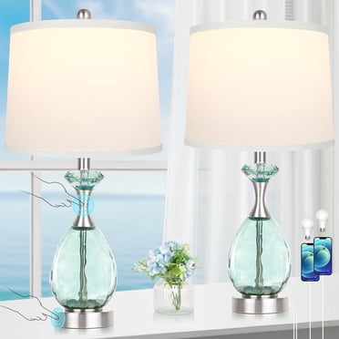 Partphoner 3-Way Dimmable Blue Glass Table Lamps Set of 2 with Dual USB ...