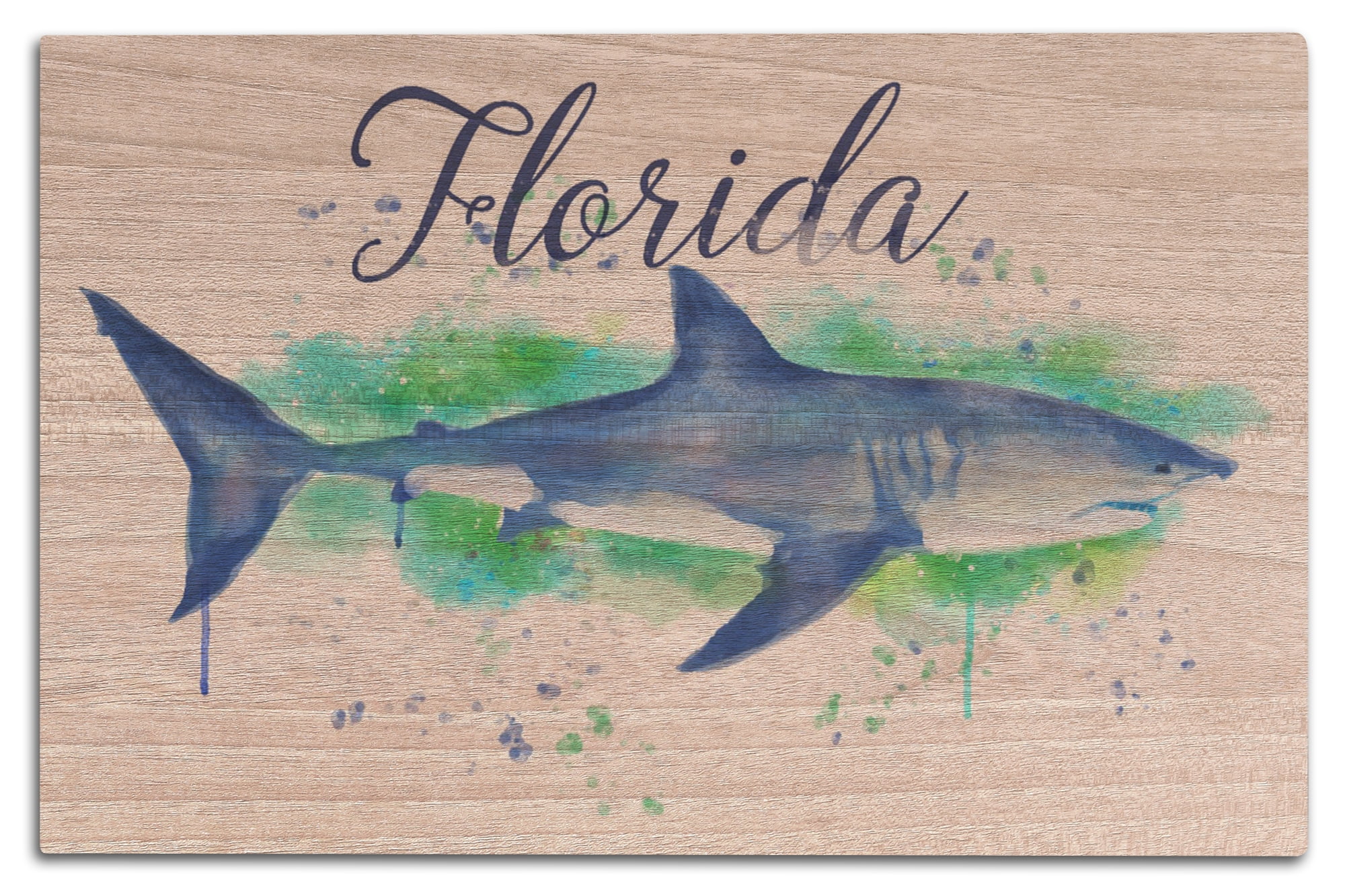 Florida, Great White Shark, Watercolor Birch Wood Wall Sign (12x18 ...