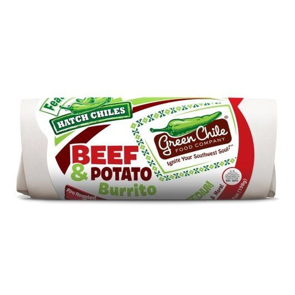 Green Chile Food Beef Burrito with Potato Green Chile Salsa and Cheddar ...