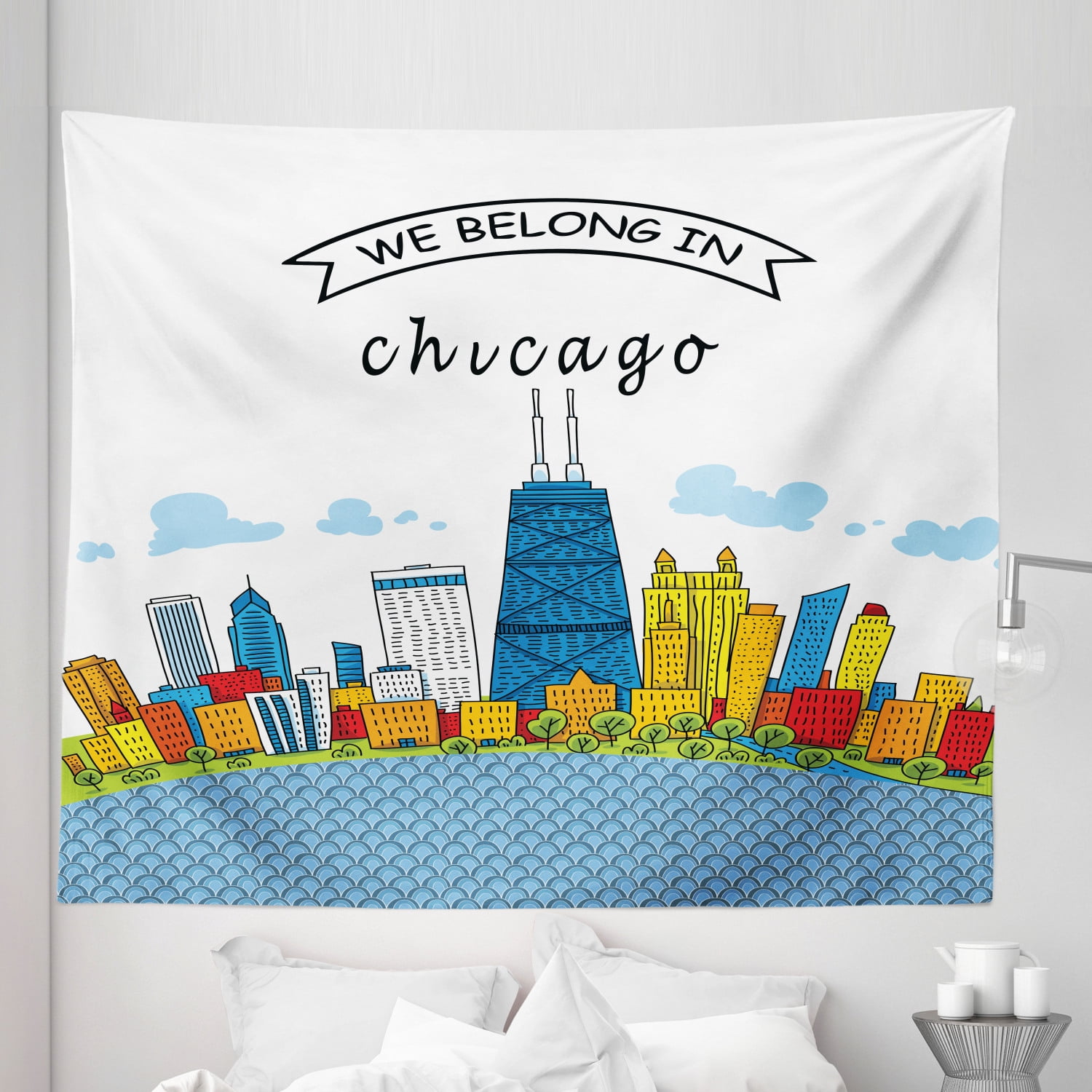 Landscape Tapestry, Chicago Skyline Cartoon Colorful City View ...