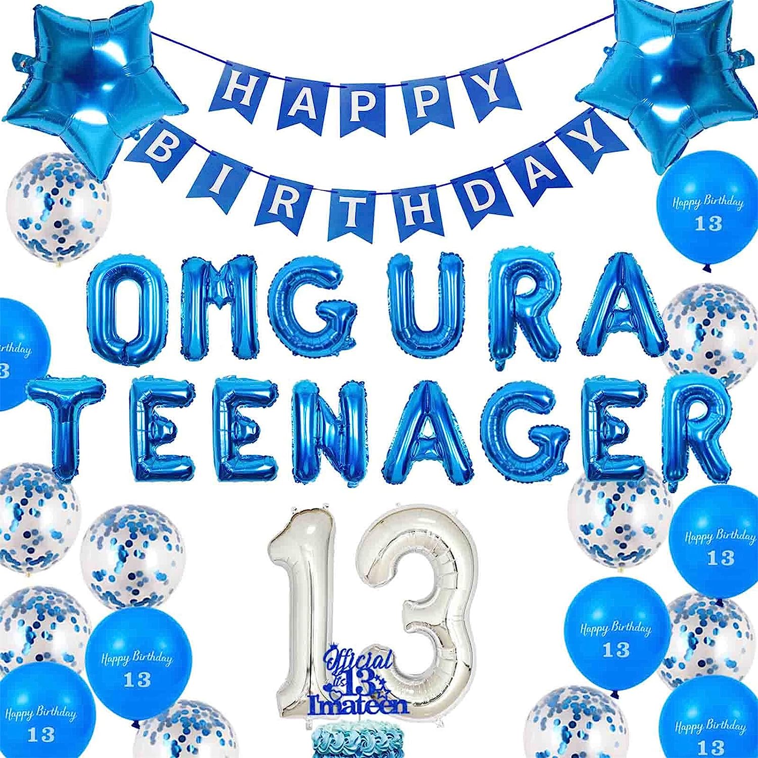 13th Birthday Decorations Blue for Boys, Happy Birthday Banner Omg Ur A ...