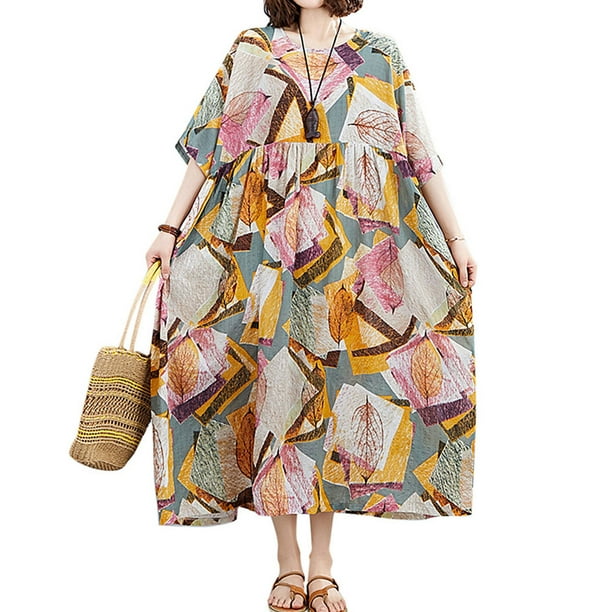 Romacci Summer Plus Size Boho Dress For Women Loose Cotton Beach Cover Up