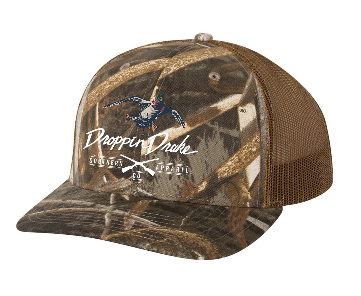Droppin Drake Mallard Duck and Gun X Logo Mesh Back Trucker Hat-Buck ...
