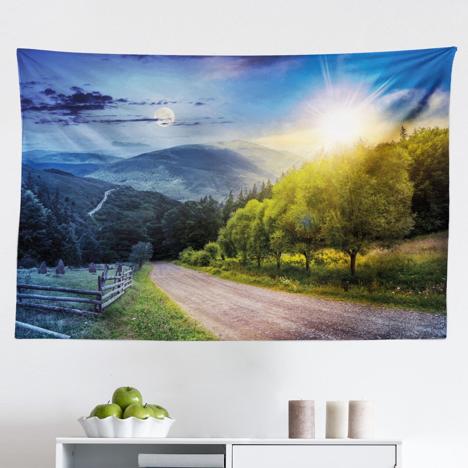 Farmland Tapestry, Winter Snow Valley with Oak Borders Pines Frozen ...
