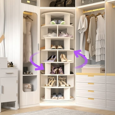 Montauk 16 Pair Organizer, Revolving White Wood Shoe Storage Rack with ...