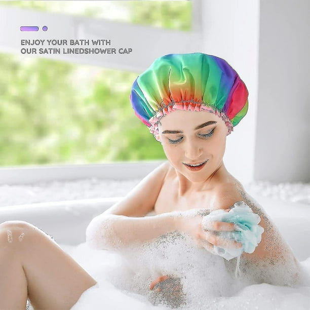 Large Shower Cap 2 Pack Rainbow Series Double Waterproof Hair Cap For Long Hair Reusable Soft Pvc Lining Bath Cap Washable Shower Caps Design For L Walmart en linea