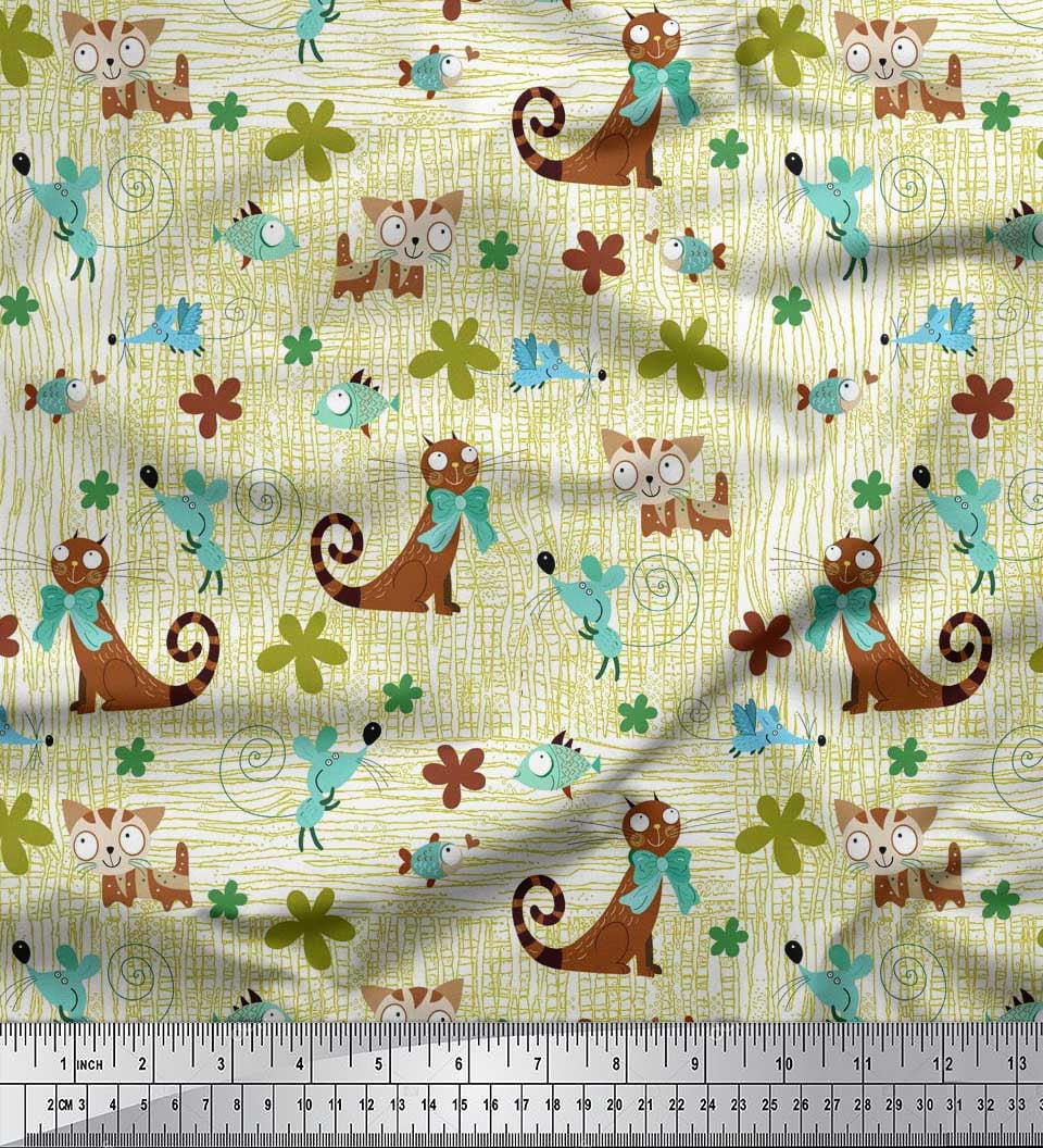 Soimoi Crepe Silk Fabric Floral,Rat & Cat Cartoon Print Fabric by The ...